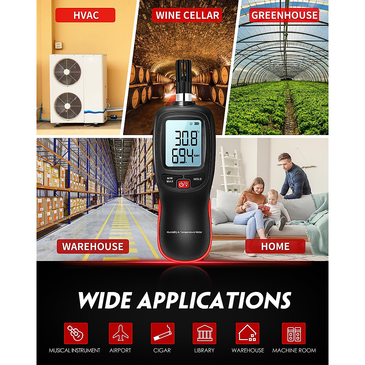 APOMONO WT83 Temperature Humidity Meter, High Precision Thermometer Hygrometer with Ambient Dew Point Wet Bulb Temperature Indoor Outdoor, Max/Min Data Hold, 1000 Sets Data Log, Batteries Included