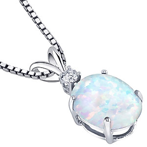 PEORA Solid 14K White Gold Created White Opal with Genuine Diamond Pendant for Women, Elegant Solitaire, Oval Shape, 10x8mm, 1 Carat total