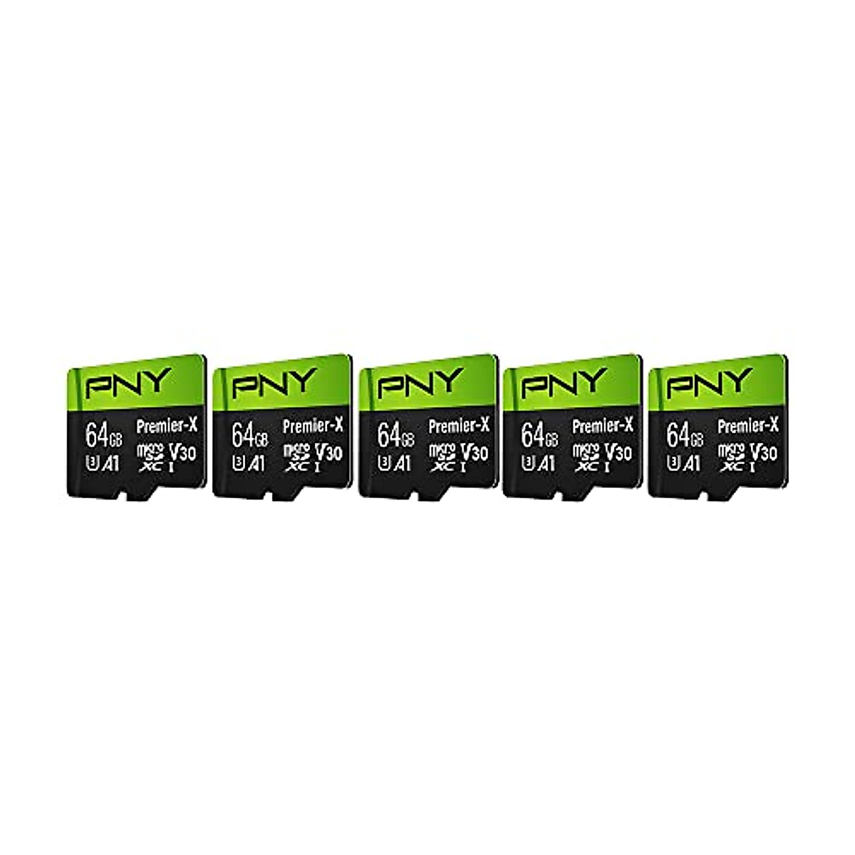 PNY 64GB Premier-X Class 10 U3 V30 microSDXC Flash Memory Card 5-Pack - 100MB/s, Class 10, U3, V30, A1, 4K UHD, Full HD, UHS-I, micro SD