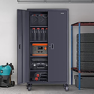 VEVOR Metal Storage Wheels, 200 lbs Load Capacity per Shelf 72'' Tall Powder-Coating Steel Cabinet with 4 Adjustable Shelves, Magnet Doors & Lock, Perfect for Office Home Garage, Black