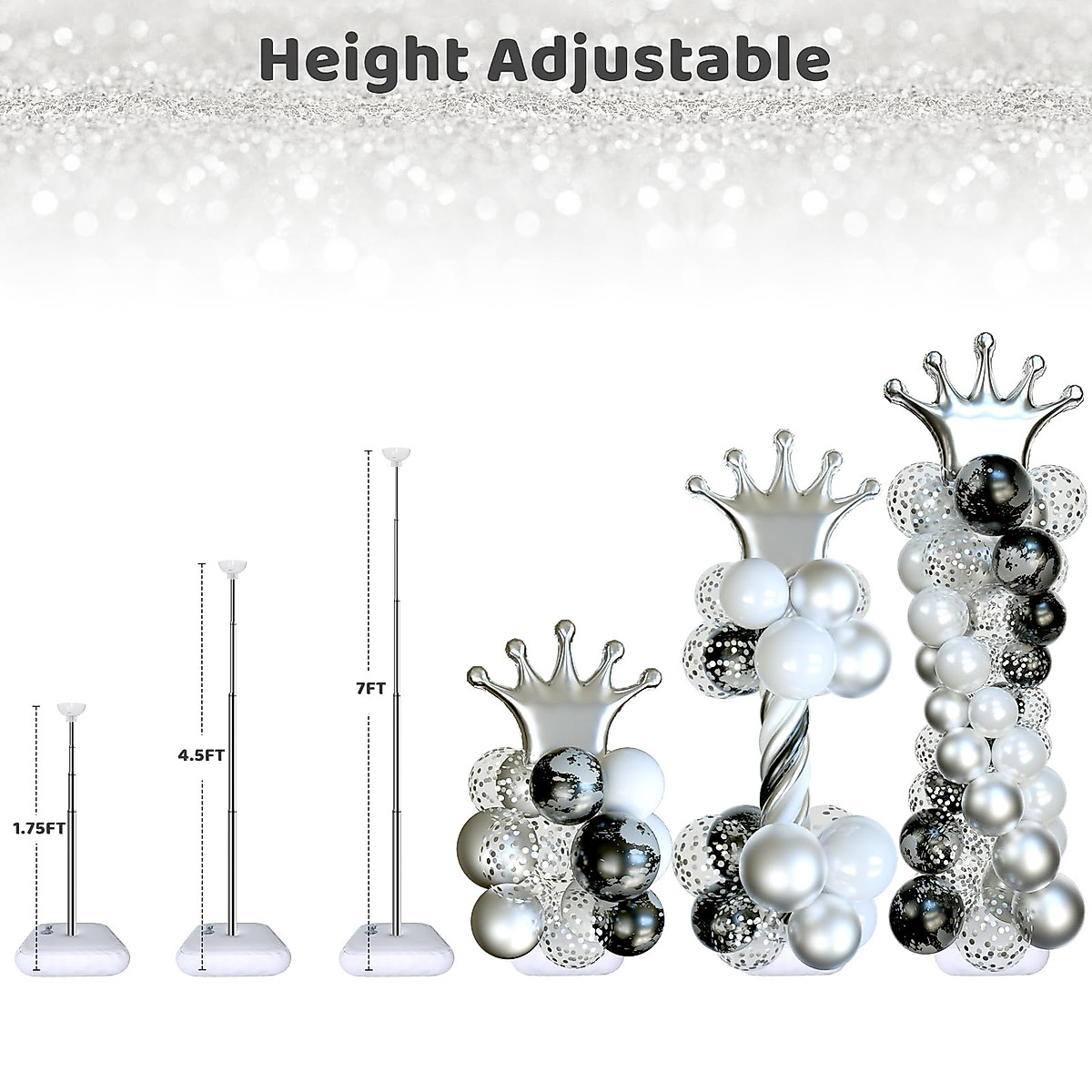 SINBEE Balloon Arch Stand, Balloon Arch Kit of 2, 7 Feet Height Adjustable Metal Balloon Column Stand for Party Decorations Wedding Birthday, Graduation Party Decoration, Baby Shower, Silver