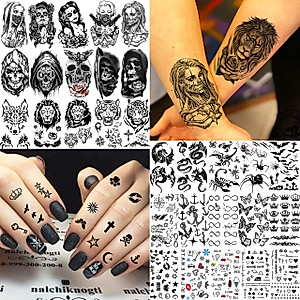 Rejaski 60 Sheets Ferocious Lion Tiger Temporary Tattoos For Men Women Arm Neck, Scary Devil Skull Skeleton Fake Tattoos For Adult Teens Halloween, Black 3D Wolf Dragon Realistic Tatoo Sticker Forearm