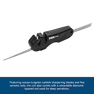 AccuSharp 4-in-1 Knife & Tool Sharpener, Coarse Tungsten Carbide Sharpening Blade & Ceramic Rod with Retractable Diamond-Tapered Rod for Knives, Fish Hooks & Tools, Black