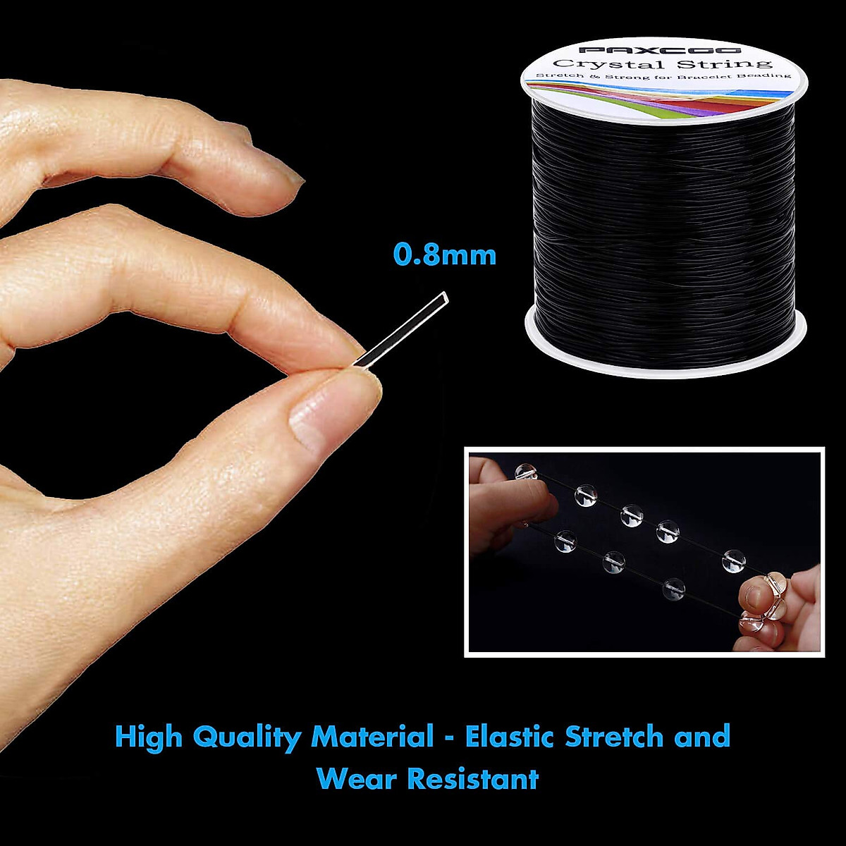 Paxcoo Stretchy String for Bracelets, 0.8mm Black Elastic String Bracelet Cord Jewelry Bead Thread for Bracelets, Necklaces, Beading and Jewelry Making