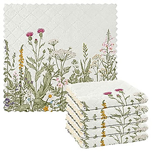 Seamless Floral Herbs and Wildflowers Botanical Pattern Pack of 6 Pcs Kitchen Dish Towels, Absorbent Soft Dishcloths for Bar cafe Car Table Chair Window Washable Towels 11 x 11 inches