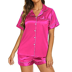 Ekouaer Pajamas Womens Satin Button Up Pjs Silk Short Sleeve Top with Shorts Set Summer 2 Piece Loungewear Rose Red,M