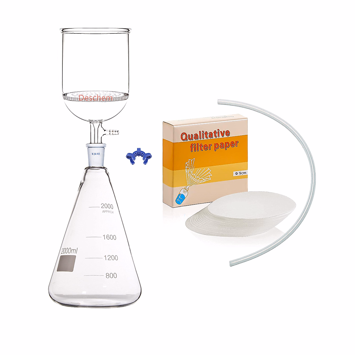 Deschem 2000ml Suction Filtration Device 90mm Pore Plate Buchner Funnel 2L Erlenmeyer Flask & Filter Paper kit