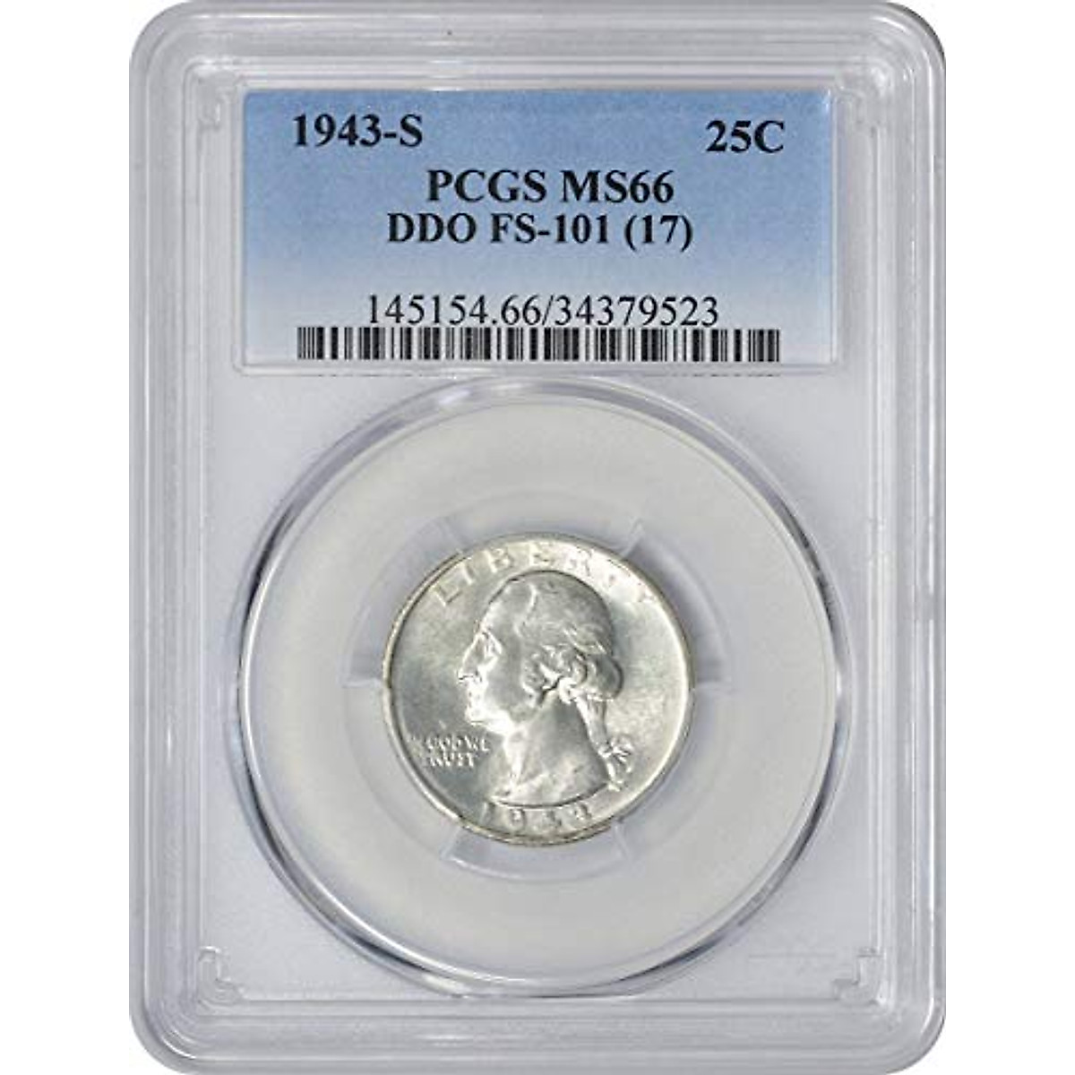 1943-S Washington Silver Quarter DDO FS-101 MS66 PCGS