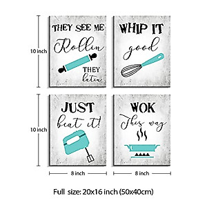 Creoate Turquoise Kitchen Canvas Wall Art, 4 Pieces Funny Kitchen Rules Songs for Kitchen Wall Decor, Canvas Poster Print Set 8X10 Framed Artwork for Dining Room, Coffee Bar, Bakery Decor