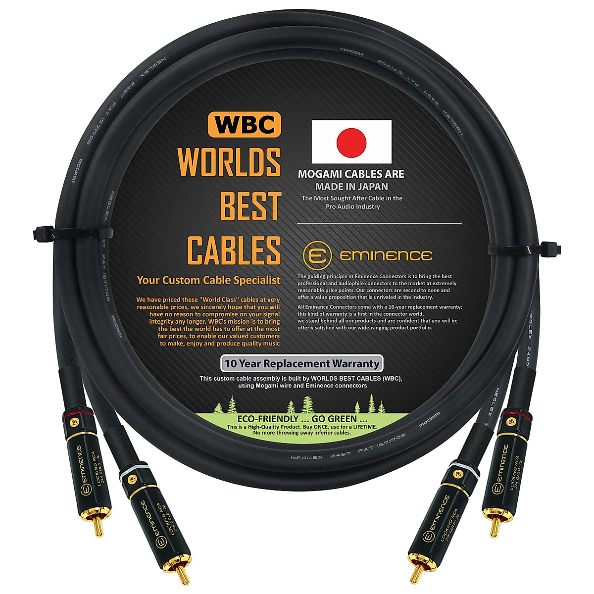 WORLDS BEST CABLES 3 Foot – Audiophile High-Definition Audio Interconnect Cable Pair Custom Made Using Mogami 2497 Wire and Eminence Gold Locking RCA Connectors