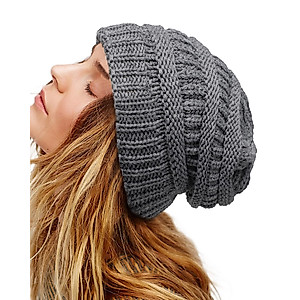 Womens Satin Lined Winter Beanie Hats Cable Knit Beanie for Men Silk Lining Thick Chunky Cap Soft Slouchy Warm Hat Dark Grey