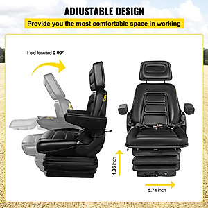 VEVOR Universal Tractor Suspension Seat, 35-170° Backrest Angle Adjustable Air Ride Seat Replacement w/Seat Belt & Safety Switch, Compatible with Forklift/Van/Mower, Black Vinyl