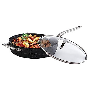 THE ROCK by Starfrit 11" Deep Fry Pan with Glass Lid and Stainless Steel Handles, Black