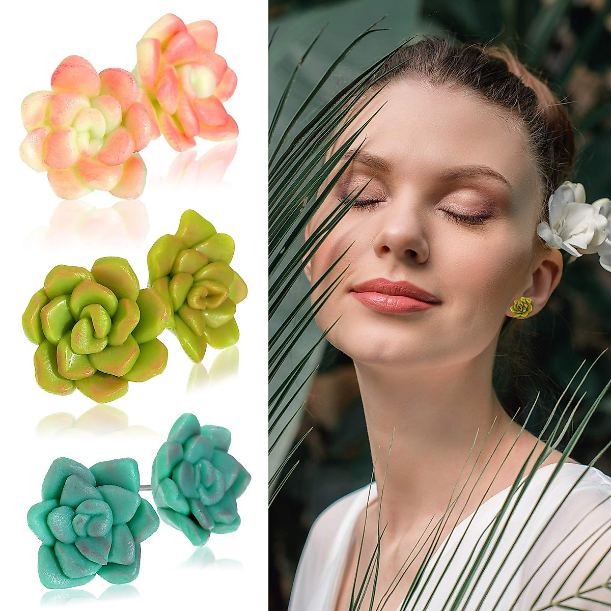 Hicarer 6 Pairs Succulent Earrings Plant Earrings Resin Handmade Stud Earrings Stainless Steel Studs Botanical Plant Earrings Flower Jewelry Accessories for Women