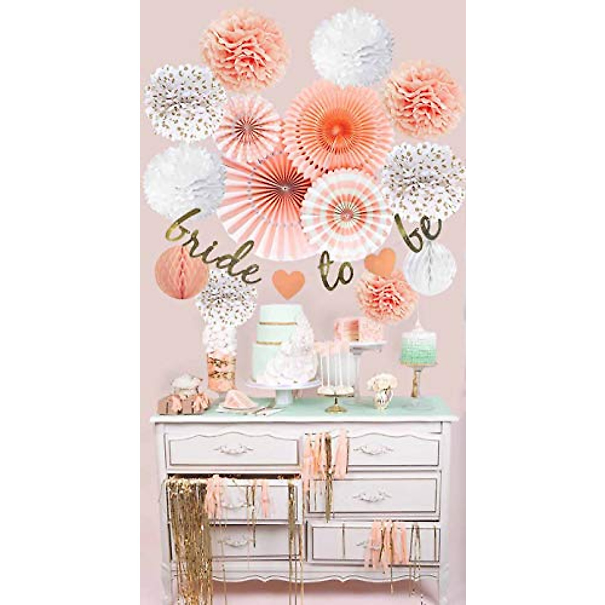 Vidal Crafts Bridal Shower Decorations Set, Bachelorette Party Decor, Bride to Be Banner, Dessert Table Decoration Kit, Bachelorette Party Supplies, Paper Fans, Pom Poms, Honeycomb Balls Pack