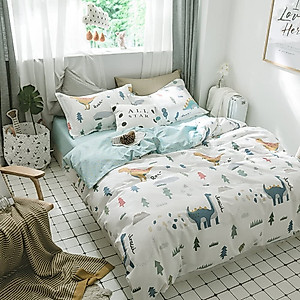 BuLuTu Dinosaur Kids Bedding Sets Twin Cotton,3 Pieces Premium Soft Reversible Dino Forest Print Teen Boys Girls Twin Duvet Cover Set Cotton with Zipper Closure and Ties,NO Comforter