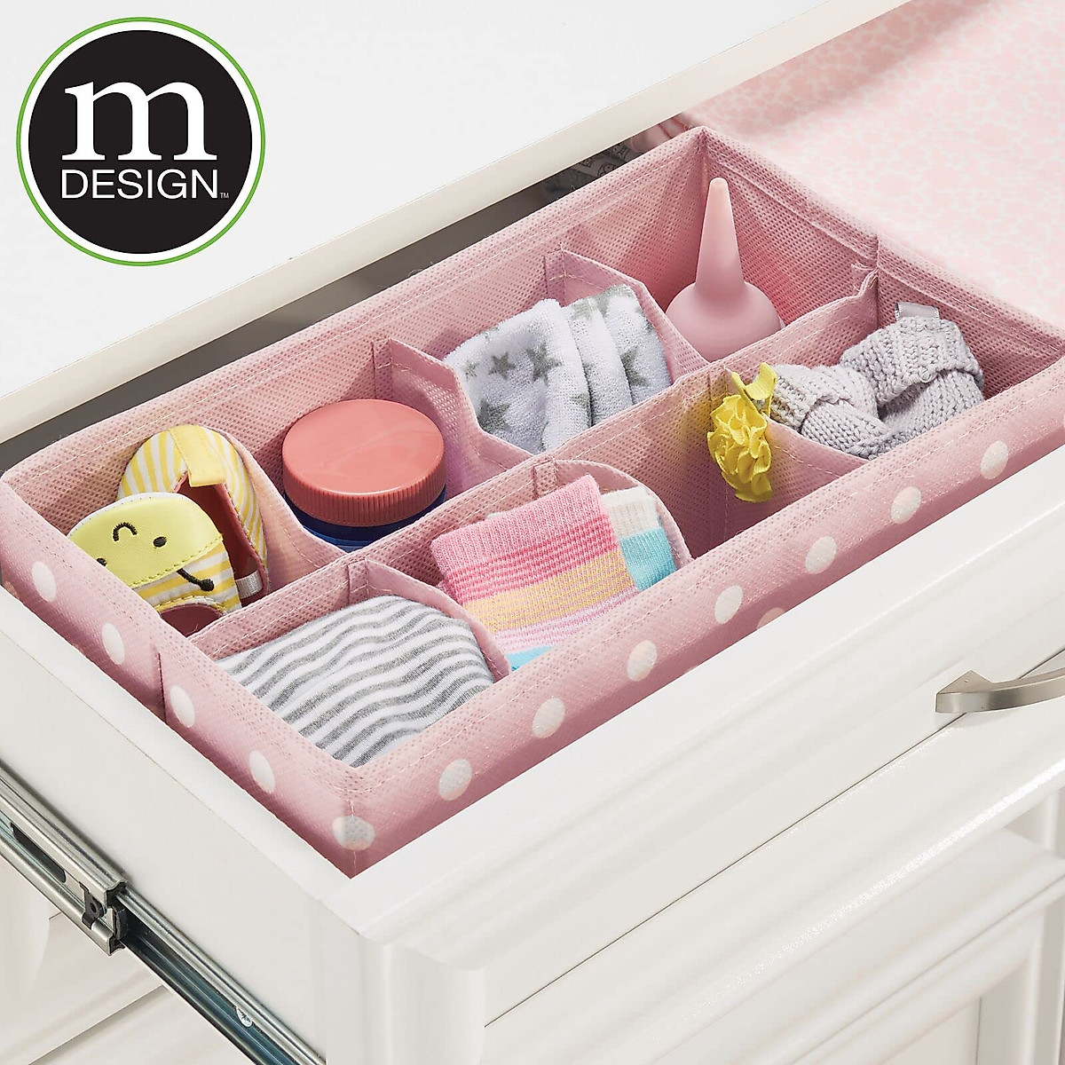 mDesign Fabric 8-Section Divider Drawer Organizer Bin for Baby Nursery Dresser, Closet, Shelf, Changing Table Organization, Hold Clothes, Toys, Diapers, Bib, Blanket - 2 Pack, Pink/White Polka Dot