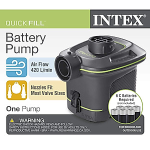 INTEX 66638E QuickFill Battery Pump: Inflates and Deflates Air Mattresses, Kayaks, Boats – Includes 3 Interrconnecting Nozzles – Sleek and Compact Design – 420 L/Min Air Flow – Indoor and Outdoor Use