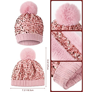 Liitrsh 2 Sets Girl's Winter Knit Hat Scarf Gloves Set Warm Fleece Lined Pom Pom Hat Scarf Gloves for Teens Pink Purple