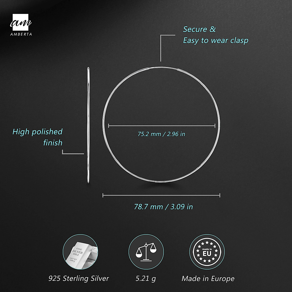 Amberta® 925 Sterling Silver Fine Circle Endless Hoops - Polished Round Sleeper Earrings Diameter Size: 20 30 40 60 75 mm (75mm)