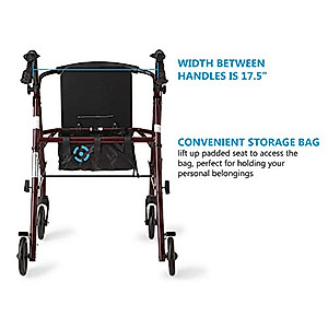 Medline Rollator Walker with Seat, Steel Rolling Walker with 6-inch Wheels Supports up to 350 lbs, Medical Walker, Burgundy