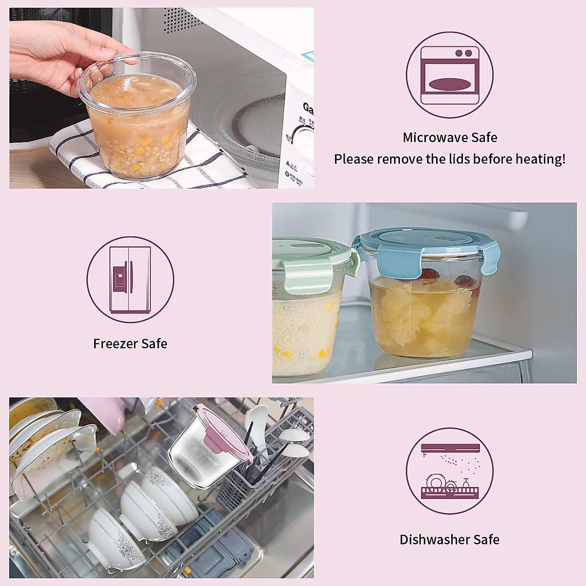 GO2HEJING Glass Food Storage Containers with Spoon Pack of 4, 23oz Glass Soup Containers with Airtight Lids, 3 Cup Leak-proof Round Glass Meal Prep Containers Microwave, Dishwasher and Freezer Safe