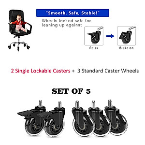 Hirate 5 Pack Office Chair Casters (2 with Brakes, 3 Without), 3" Lockable Heavy Duty Swivel Caster Replacements Smooth Rolling for Hardwood Floor Carpet