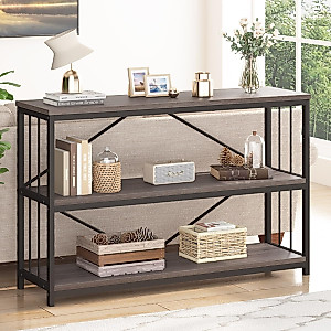 LVB Industrial Console Entryway Table, Modern Metal Sofa Table Behind Couch, Rustic Wood Foyer Tables with Storage Shelves, 3 Tier TV Stand Accent Table for Hallway Living Room, Dark Gray Oak, 47 inch