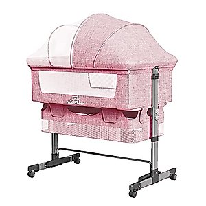 Napfox Baby Bassinet, Bedside Sleeper,Foldable Baby Bed to Bed, Adjustable Portable Bed for Infant/Baby/Newborn,with Mosquito Nets, Large Storage Bag, Comfortable Mattresses, Lockable Wheels (Pink)