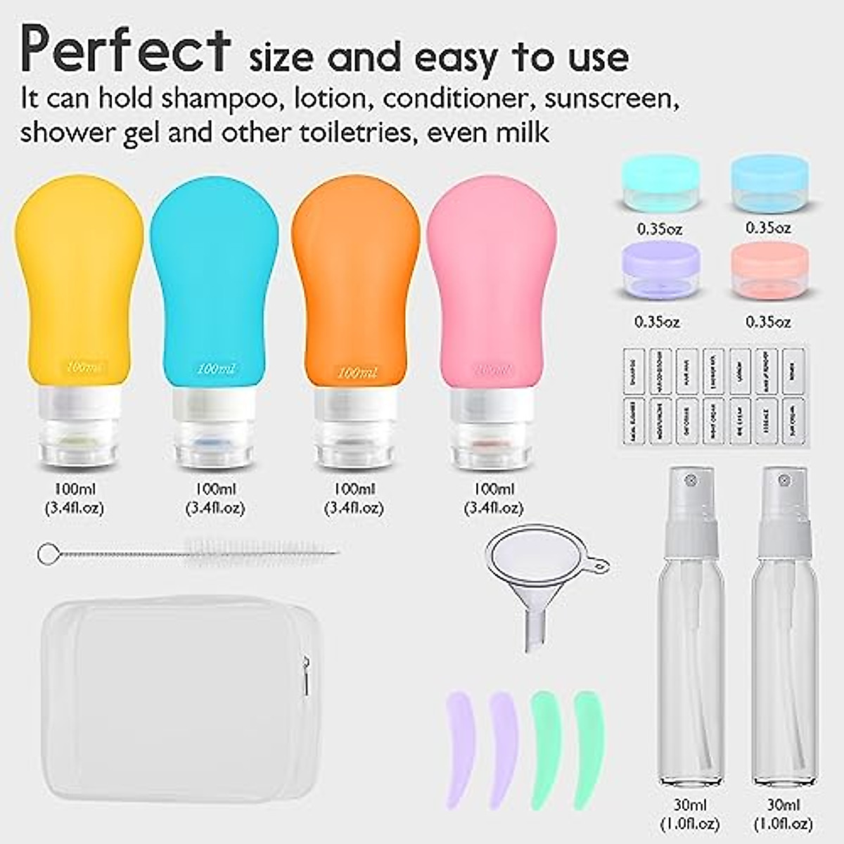 Moneybility 18 Pack 3.4oz Travel Bottles Set for Toiletries,TSA Approved Leak Proof Silicone Squeezable Containers for Toiletries,Conditioner, Shampoo, Lotion & Body Wash Accessories(Purple)