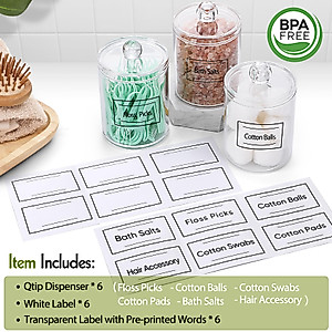 AOZITA 6 Pack Qtip Holder Dispenser for Cotton Ball, Cotton Swab, Cotton Round Pads, Floss - 10 oz Clear Plastic Apothecary Jar Set for Bathroom Canister Storage Organization, Vanity Makeup Organizer