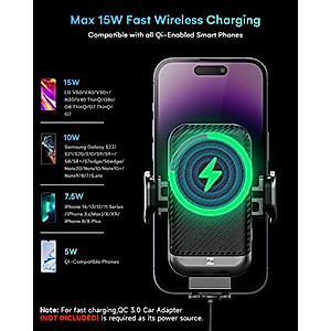 [Cooling Version] ZeeHoo 15W Fast Wireless Car Charger, Auto-Clamping Car Mount, Windshield Dash Air Vent Phone Holder Cooling Charging for iPhone 14 13 12 Pro Max Mini, Samsung S22,etc