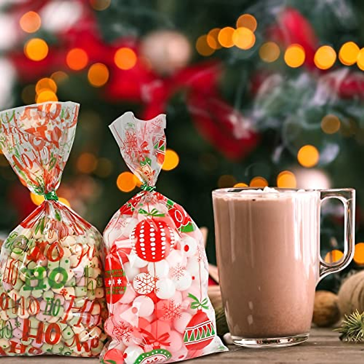 Colorbib Christmas Cellophane Bags 170pcs with 180pcs Treat Bags with Twist Ties Gnome and Christmas Ball Pattern Snack Bags for Christmas Party Supplies Candy Goodie 10 Assorted Styles