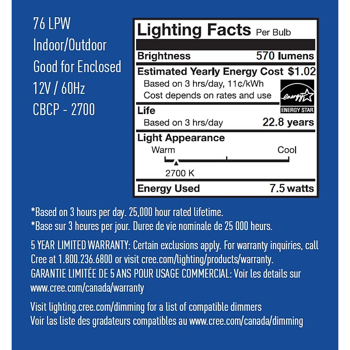 Cree Lighting MR16-75W-P1-27K-25NF-GU53-U1 Pro Series MR16 GU5.3 75W Equivalent LED Bulb (Dimmable) 540 lumens Soft White 2700K 1 Pack