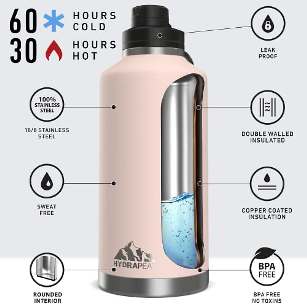 Hydrapeak 72 oz Large Insulated Water Bottle, Leak Proof Water Bottle for Hot & Cold Liquid, 72oz Water Bottles, Water Jug, Stainless Steel (Seashell)