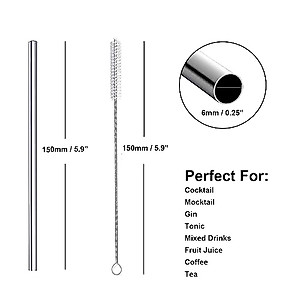 Cocktail Straws Short Small Mini Straw Reusable Metal Stainless Steel Bar Drinking Straws Set with Cleaner Brush for Cocktails Rock Gin Glass Coffee Wine Mason Jar Tumblers Fruit Juice, Silver 8 Pcs