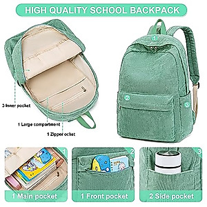 School Backpack for Teens Large Corduroy Bookbag Lightweight 17 inch Laptop Bag for Girls Women Casual High School College Work (Green, 17 inch)