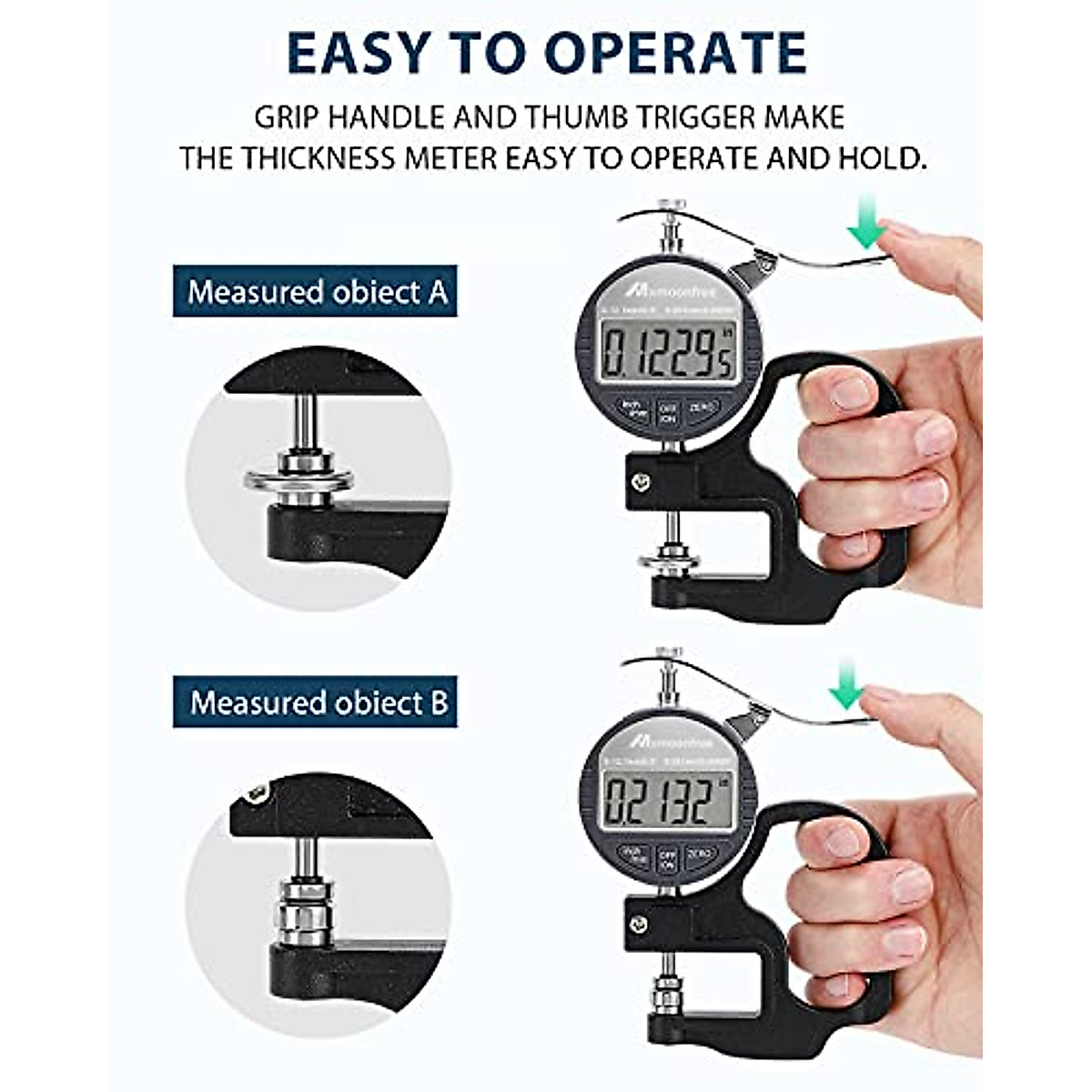 Mxmoonfree Digital Thickness Gauge 0.001mm/0.00005" | 0-12.7mm/0.5" Electronic Micrometer Thickness Meter with LCD Display, Unit Conversion, Storage Case, Extra Battery
