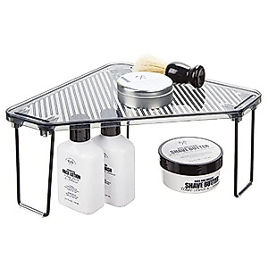 mDesign Plastic/Steel Corner Stackable Rack, Storage Organizer Shelf for Bathroom, Vanity, Countertop, Sink, Cabinet, Holds Makeup, Shower Accessories, Ligne Collection - 2 Pack - Black/Smoke Gray