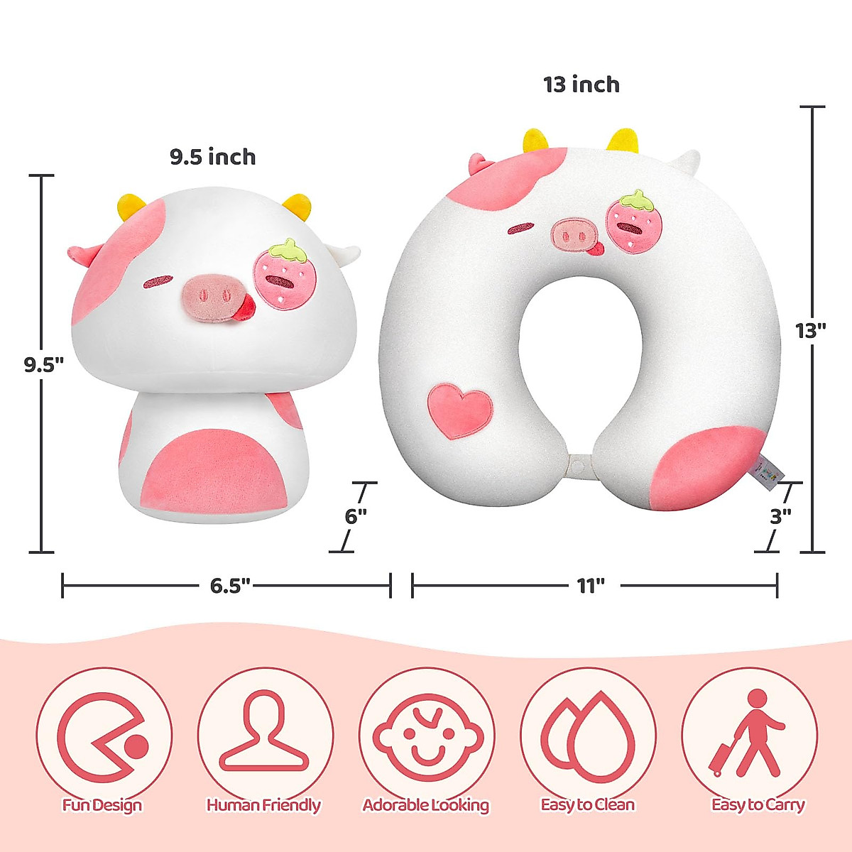 Mewaii Kids Travel Pillow, Cute Strawberry Cow Stuffed Animal Neck Pillow for Kids & Adults, Reversible Plush Squishy 2-in-1 Travel Plush Pillow for Airplane, Car, Train