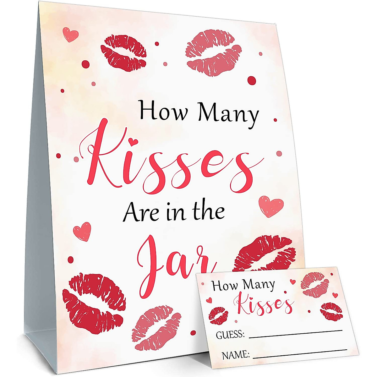 ALodr How Many Kisses are in The Jar-Baby Shower, Bridal Shower, Birthday, Christmas, Graduation Season Funny Party Game- Game Cards Kit (1 Sign & 50 Cards)