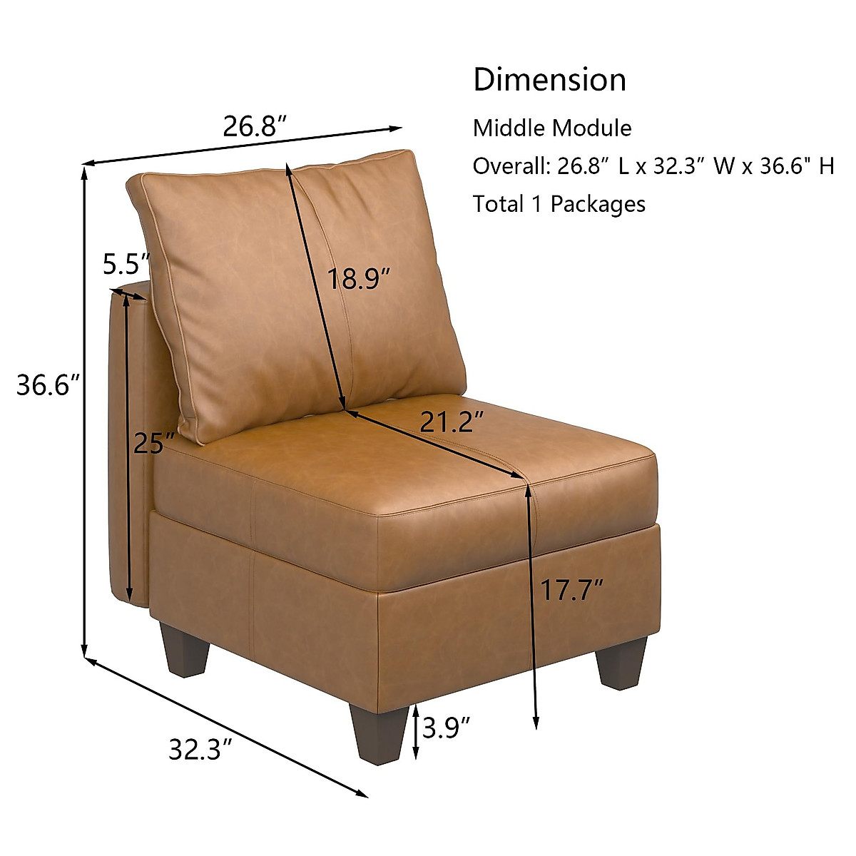 EASE MOOSE Middle Module Seat for Modular Sofa, Faux Leather Armless Chair Sectional Sofa Couch with Storage