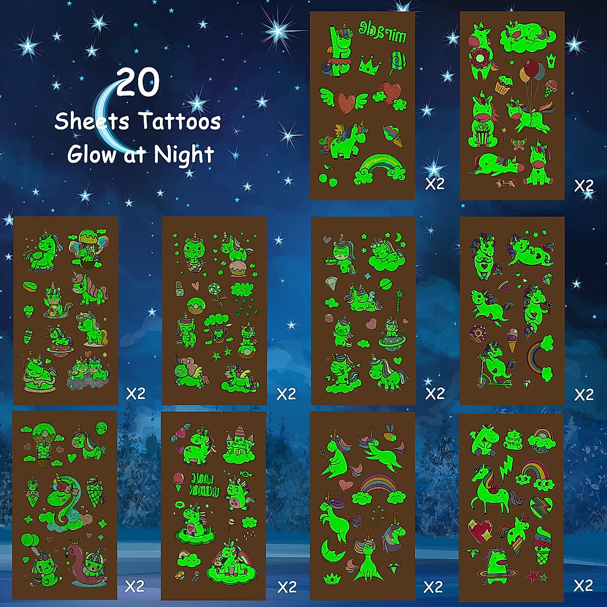 Maitys 20 Sheets 228 Pieces Luminous Unicorn Temporary Tattoos for Kids Glow in The Dark Tattoos Unicorn Games Toys for Girls Kids Birthday Party Supplies Decoration, 10 Styles