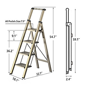 GameGem 4 Step Ladder, Folding Step Stool with Anti-Slip and Wide Pedal, Gold Ladder with Handgrip, Lightweight Aluminum Space Saving Stepladder for Home and Kitchen, 330 lbs Capacity
