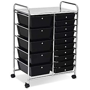 15 Drawer Rolling Storage Cart, Mobile Utility Cart with Lockable Wheels, Drawers, Multipurpose Organizer Cart for Home, Office, School, Black