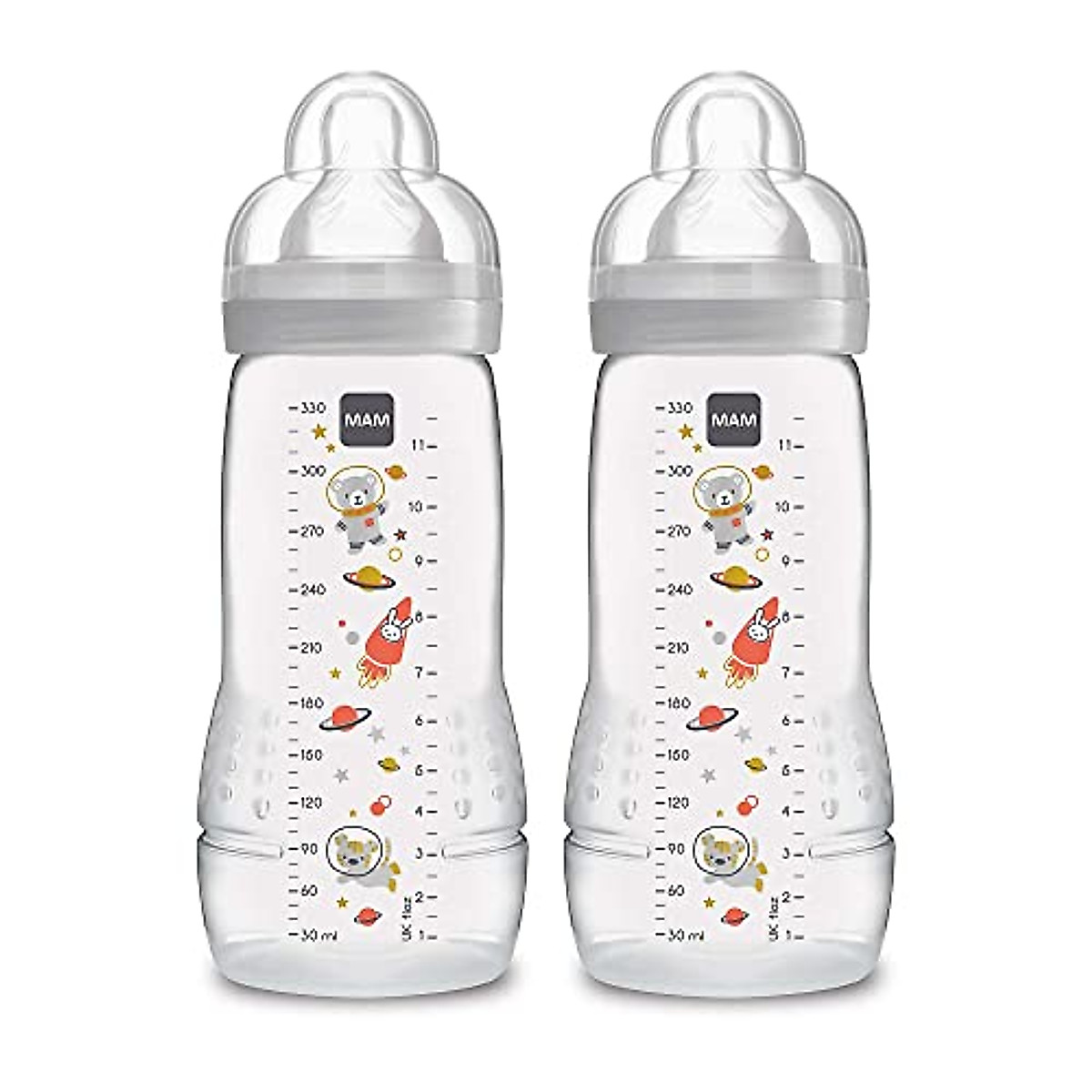 MAM Easy Active Bottle 11 oz (2-Count), Fast Flow Bottles, 4+ Month, Unisex, Gray