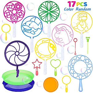 B bangcool Bubble Wands Set of 17, Bubble Making Toys with Trays, Big Bubble Wand Toys for Kids Adults, Dinosaur Shark Bubble Wands, Summer Outdoor Game Party Favors