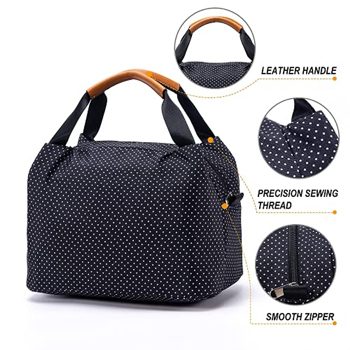 CALIYO Lunch Bag for Women, Insulated Kids Lunch Container with Leather Holder, Foldable Cute Small Cooler Polka Dot Lunch Tote Bag for Office School Picnic Camping Travel, 9L,Black