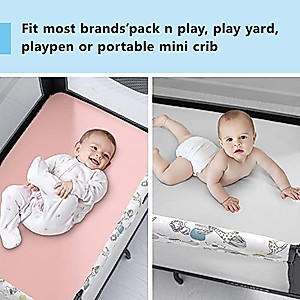 TILLYOU 2 Pack Mini Crib Fitted Sheets, Stretchy Soft Jersey Knit Portable Mini Pack n Play Playard, Playpen Bedding Sheet for Baby, Light Gray & Peachy Pink