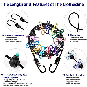 Portable Clothesline with 12 Colorful Clothespins, Windproof Travel Clothesline Stretchy Retractable Elastic Laundry Clothes Line for Backyard, Vacation Hotel, Balcony and Indoor Use